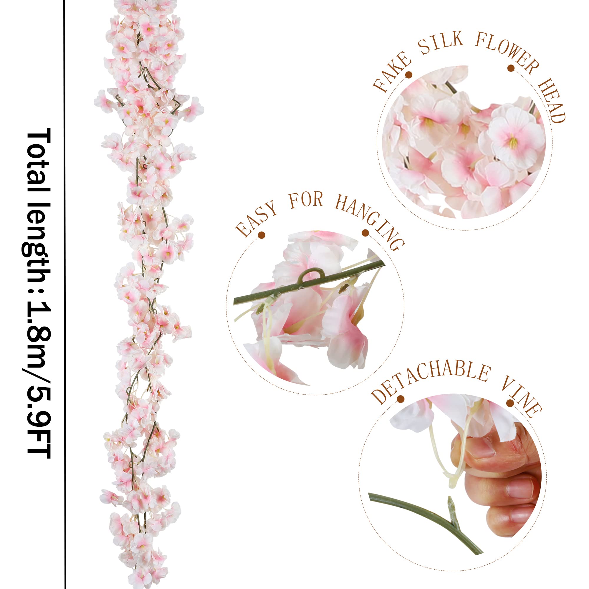 Homcomoda 4 Pcs Artificial Cherry Blossom Flower Vines Hanging Silk Flower Garlands Strings for Wedding Party DIY Home Garden Deceor
