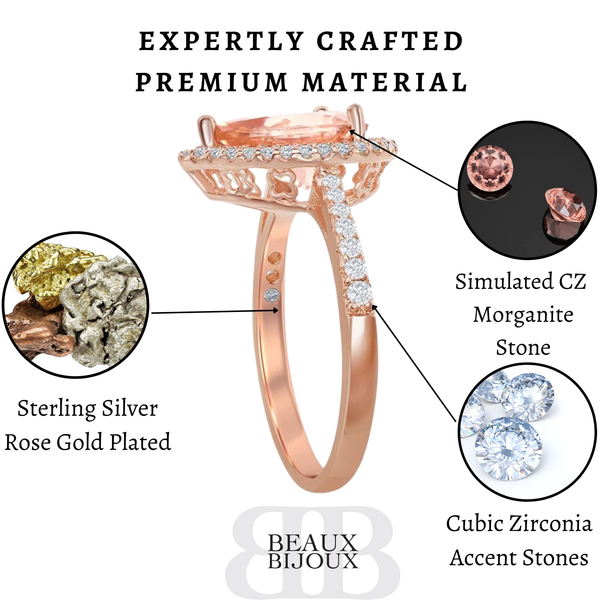 Beaux Bijoux Simulated Morganite Engagement Ring for Women | Sterling Silver Rose Gold Plated Morganite CZ Diamond Halo Ring | Square Princess Shaped Center Stone | Rose Gold Ring (Size 7)