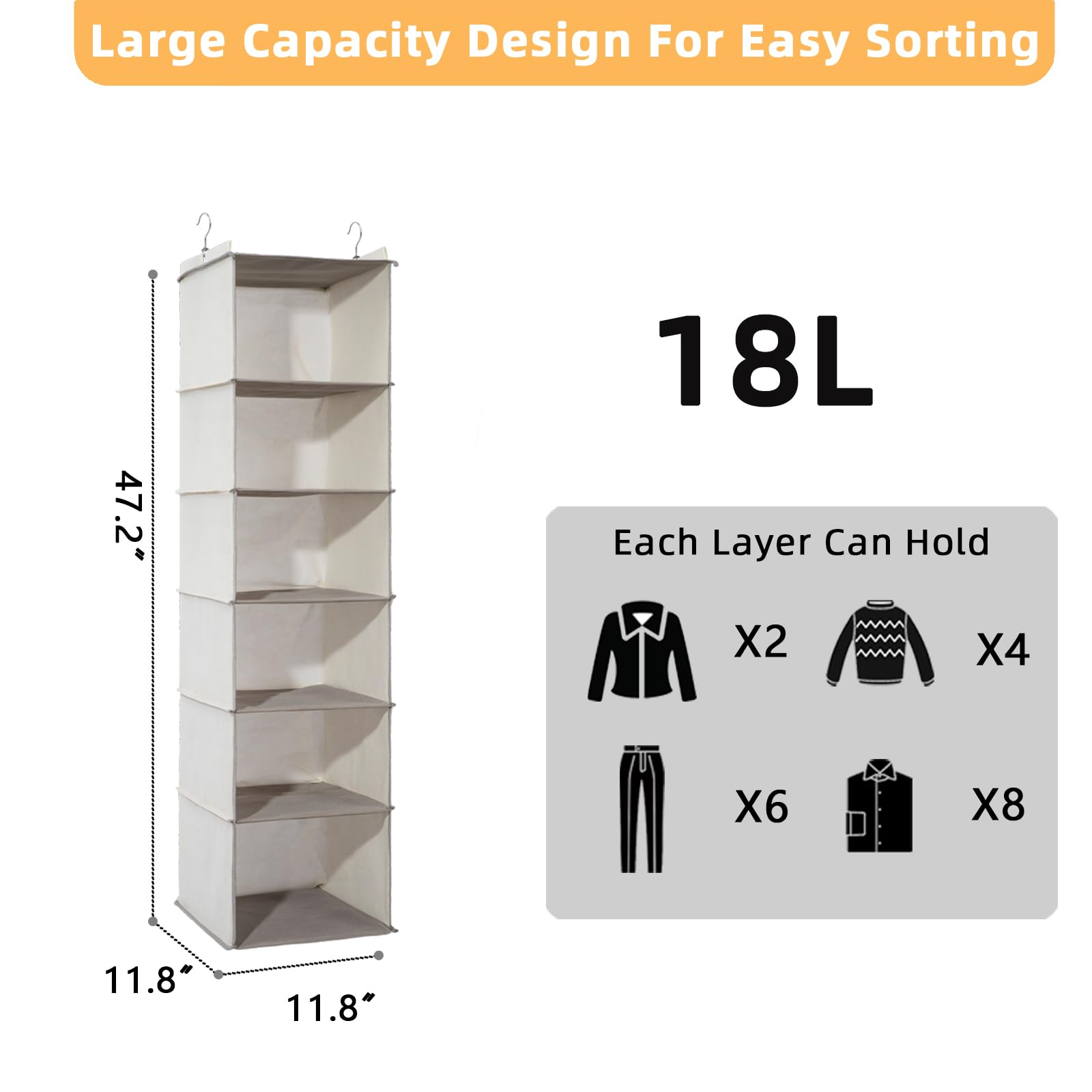 YRCBEHFU 2 Packs Hanging Closet Organizer, 6-Shelf Closet Organizers and Storage with Side Pockets, Collapsible Hanging Shelves for Closet & RV & College Dorm,Beige