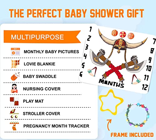 Viking Baby Monthly Milestone Blanket, 48x40in Soft Flannel, Helmet Ax Bone, Newborn Mom Gifts, Baby Shower Age Growth Tracker with Bonus Maker BTXFSS47