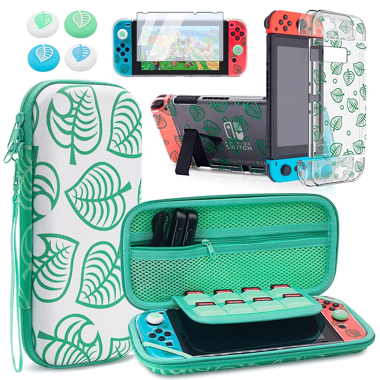 Carry Case for Nintendo Switch，With Animal Crossing Green Leaf Protective Storage Bag with Docking Clear Cover Crystal Shell & Screen Protector & Thumb Grips