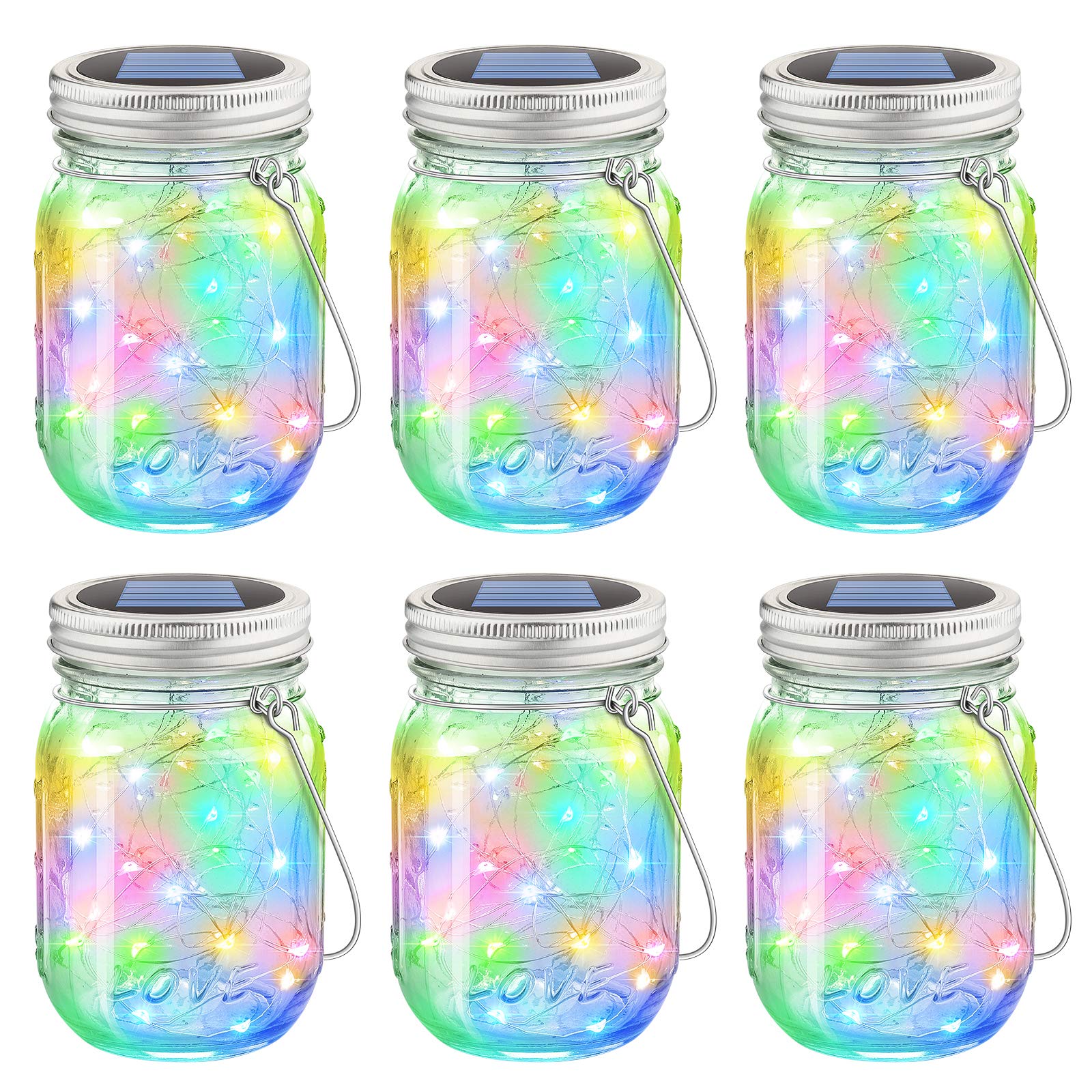 Mason Jar Solar Lights 30 LEDs, 6 Pack Hanging Solar Lights Outdoor, Waterproof Fairy Lights Solar Lanterns for Patio Garden, Hangers and Jars Included- Multicolor