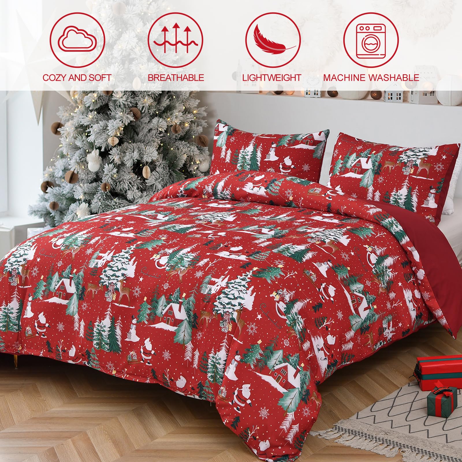 Dinjoy Christmas Red Duvet Cover Set King Size, 3 Piece Father Christmas Xmas Trees Snowman, Soft Microfiber King Duvet Cover Set for All Seasons