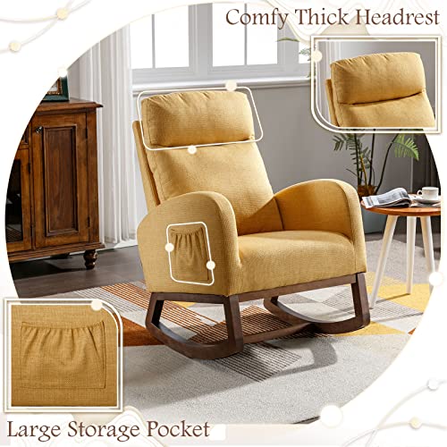 KINFFICT Comfy Rocking Chair, Upholstered Accent Glider Rocker for Baby Nursery or Relaxation, Living Room Armchair with High Back and Headrest, Modern Rocking Glider with Side Pocket, Yellow