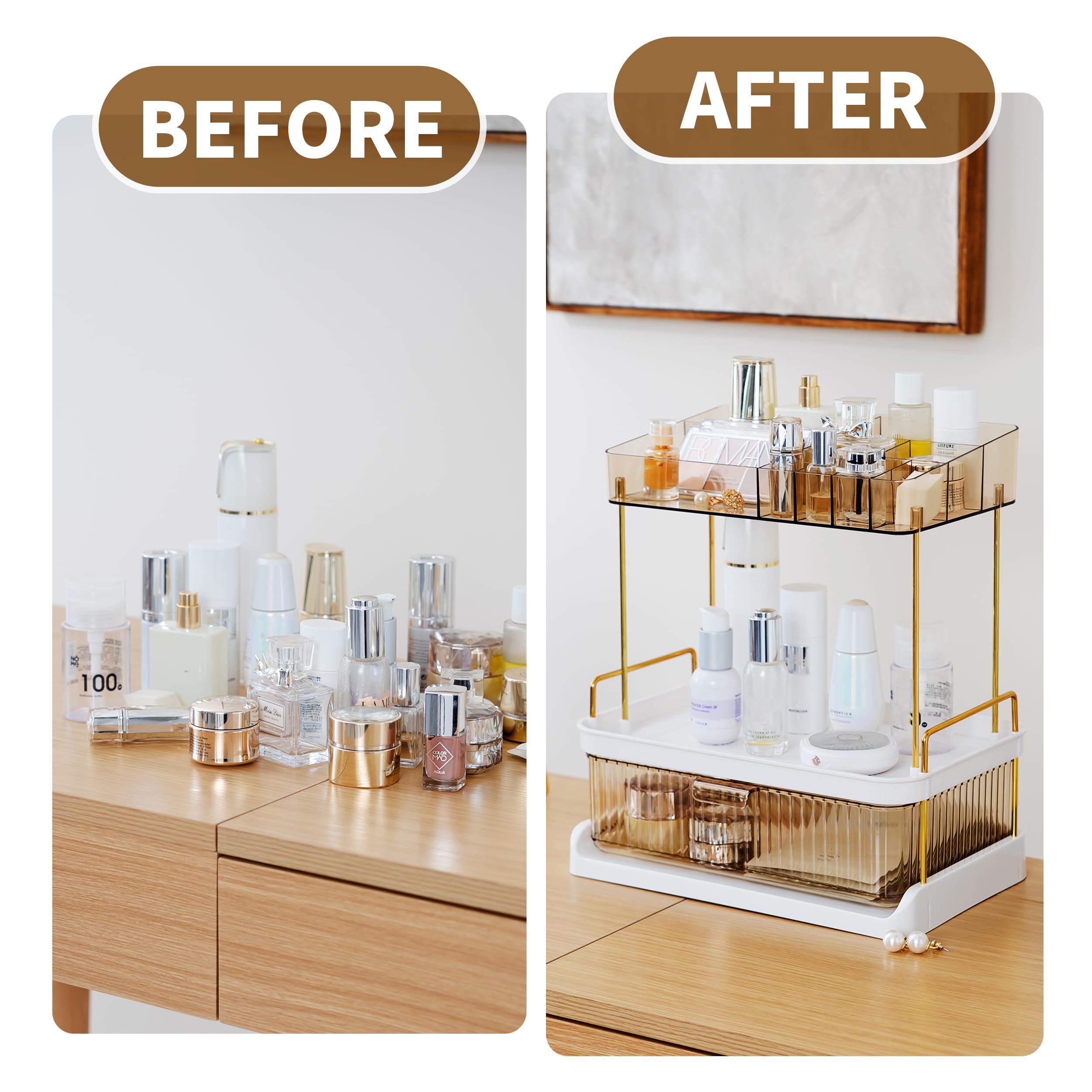 Citylife 2-Tier Bathroom Counter Organizer, Multi-Purpose Makeup Organizer Countertop, Skincare Organizers, Exquisite Vanity Organizer, Amber