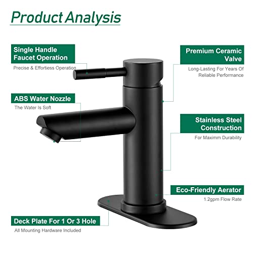 Black Bathroom Faucet Single Hole RV Bathroom Faucet Stainless Steel Bathroom Sink Faucet 1 Hole with 3 Hole Deck Plate,Water Supply Lines with cUPC Certification