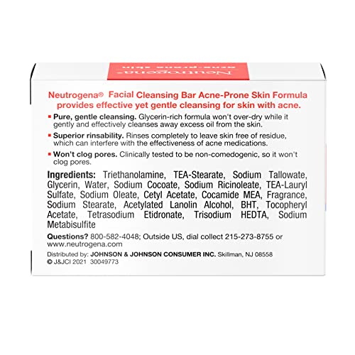 Neutrogena Facial Cleansing Bar Treatment for Acne-Prone Skin, Non-Medicated & Glycerin-Rich Formula Gently Cleanses without Over-Drying, No Detergents or Dyes, Non-Comedogenic, 3.5 oz