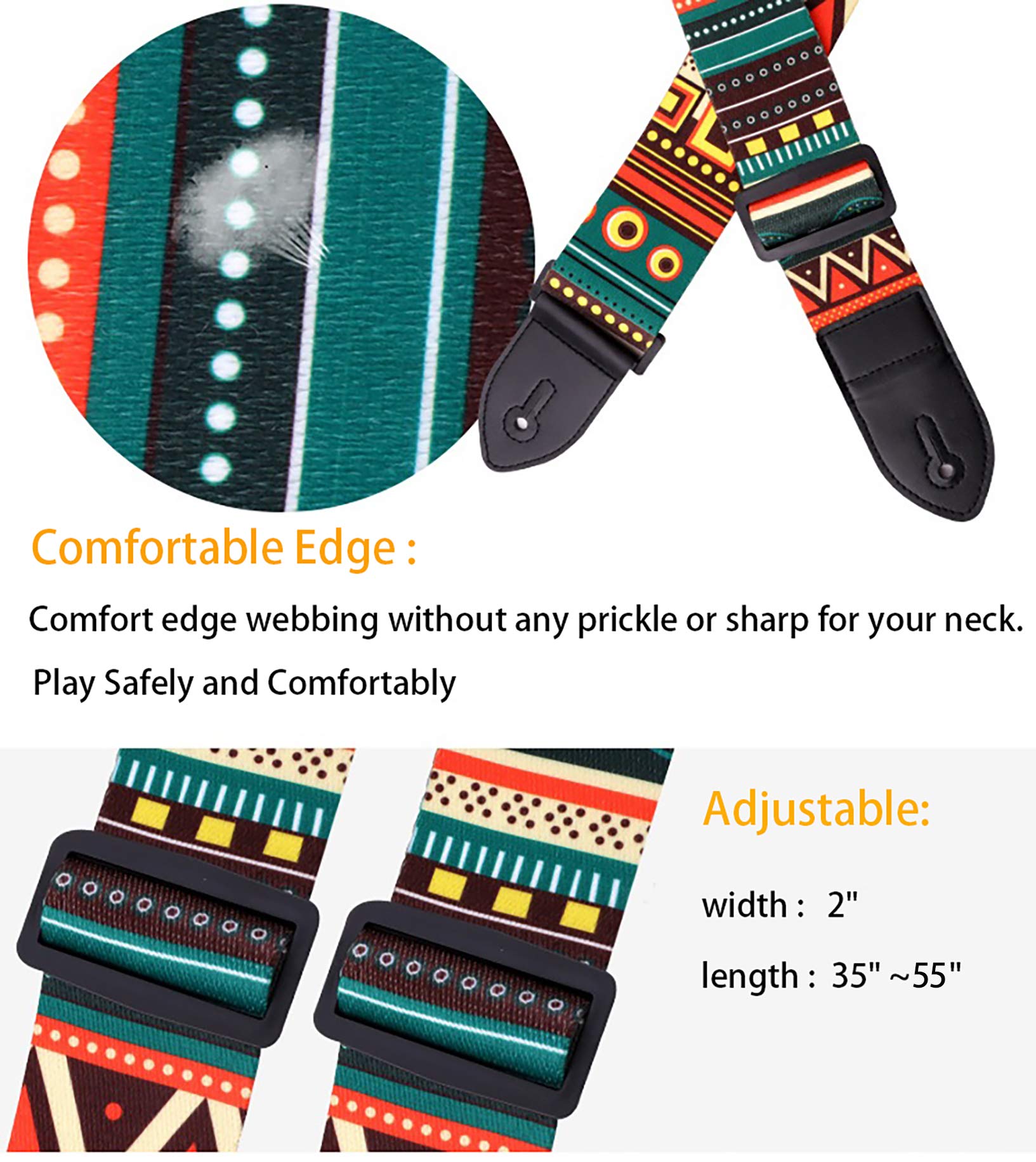 LAVILI Guitar Strap, Acoustic Guitar Strap, Electric Guitar Strap Includes 3 Pick.Adjustable Classical Guitar Strap leather&Polyester,Suitable For Bass, Electric & Acoustic Guitars Pack Of 1