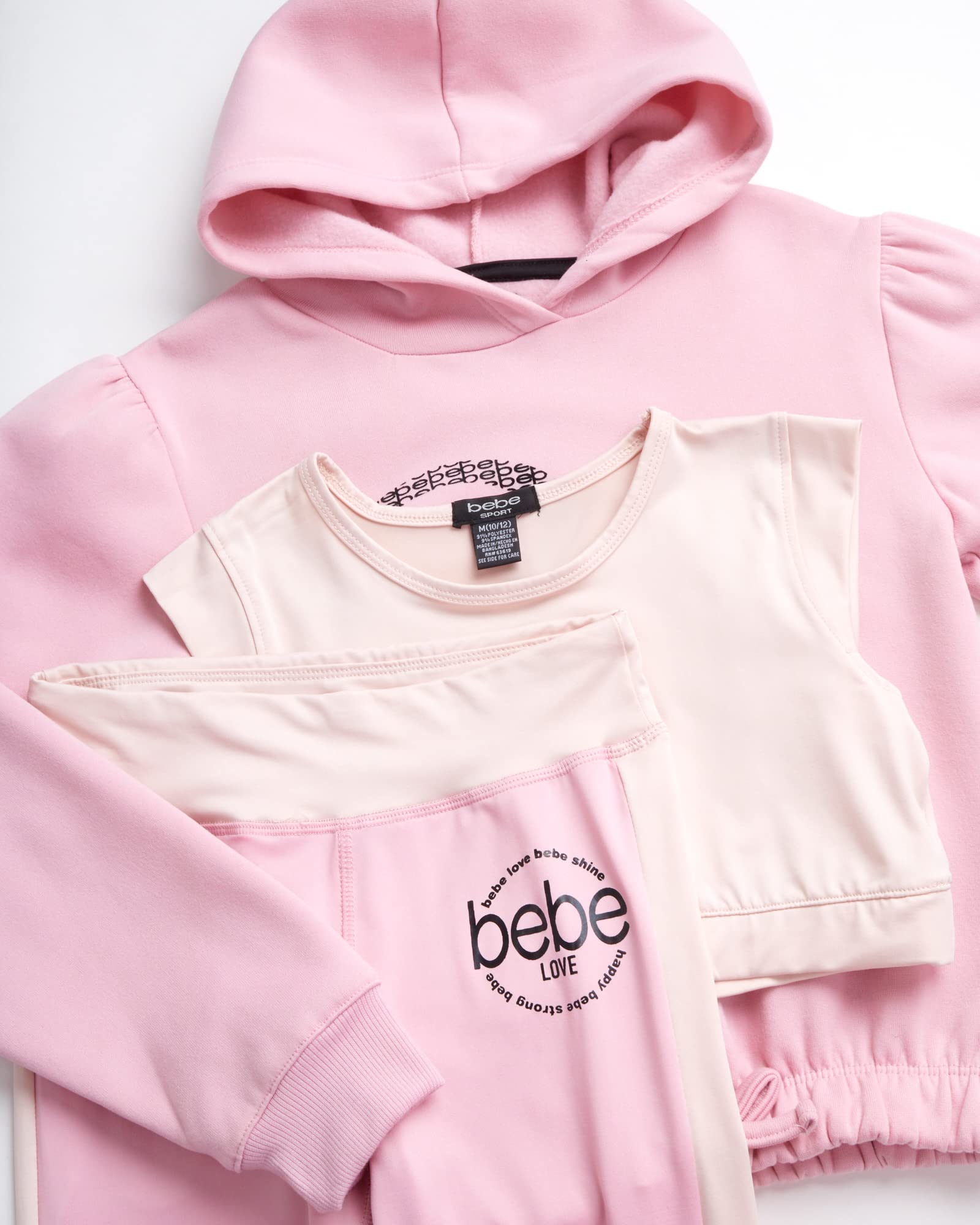 bebe Girls' Workout Set - 3 Piece Performance Fleece Sweatshirt, Leggings, and Sports Training Bralette Set (7-12), Size 10-12, Orchid