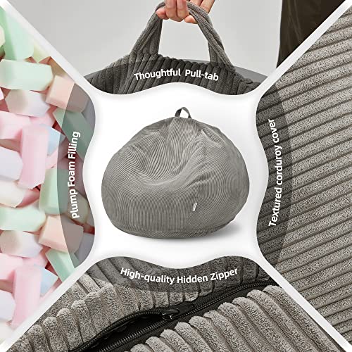Homguava Bean Bag Chair: Teardrop Bean Bags with Memory Foam Filled, Compact Beanbag Chairs Soft Sofa with Corduroy Cover (Grey)