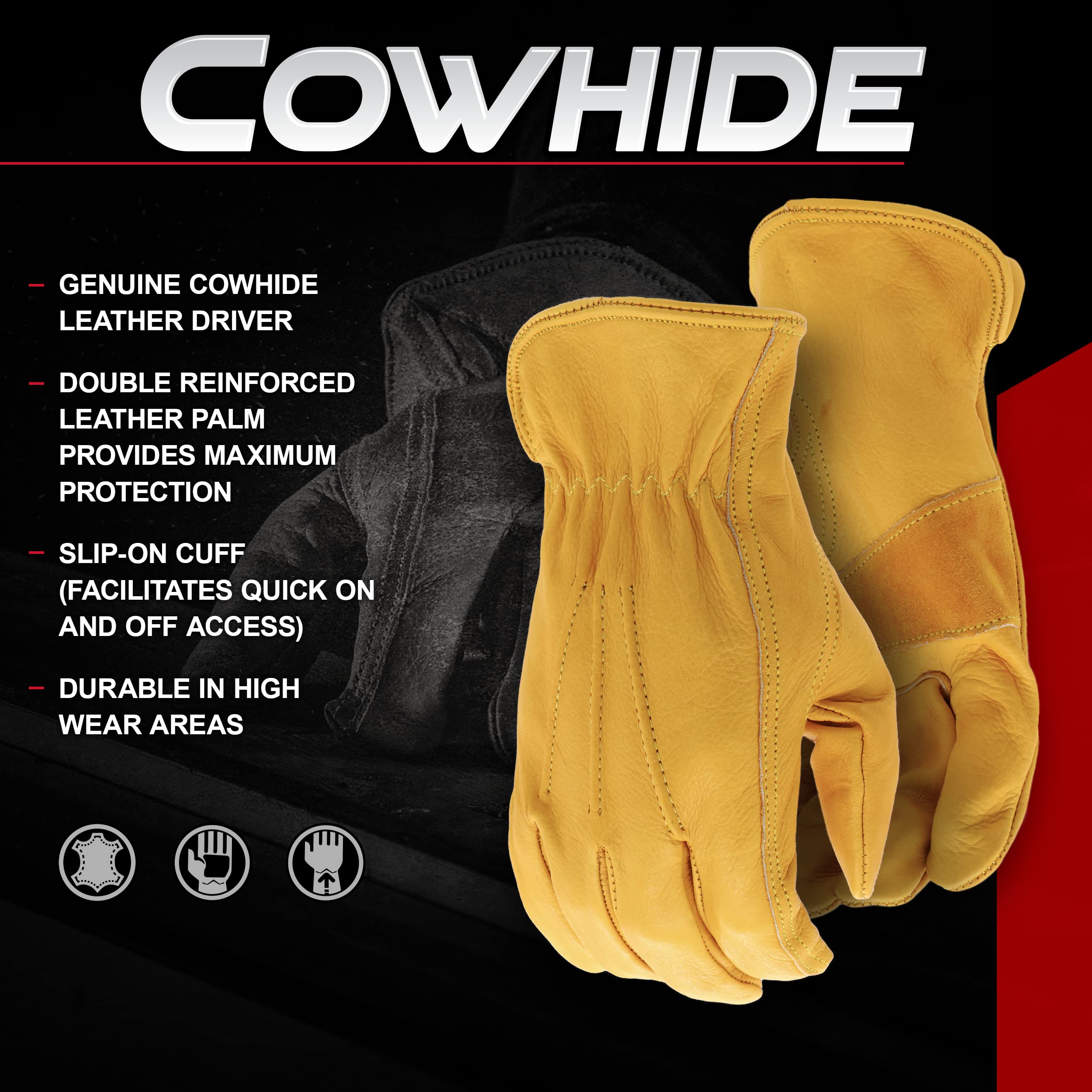 Boss Men's Durable Full-Grain Cowhide Leather Work Gloves, Abrasion Resistant, Keystone Thumb, Reinforced Palm Patch, Tan, Medium (B81001-M)