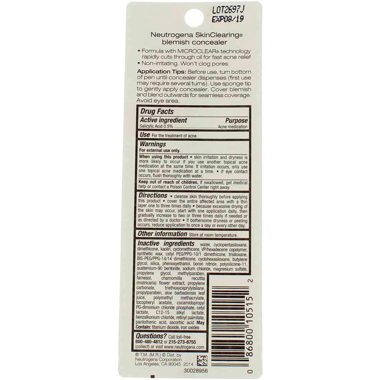 Neutrogena Skinclearing Blemish Concealer With Salicylic Acid, Medium 15,.05 Oz. (Pack of 2)