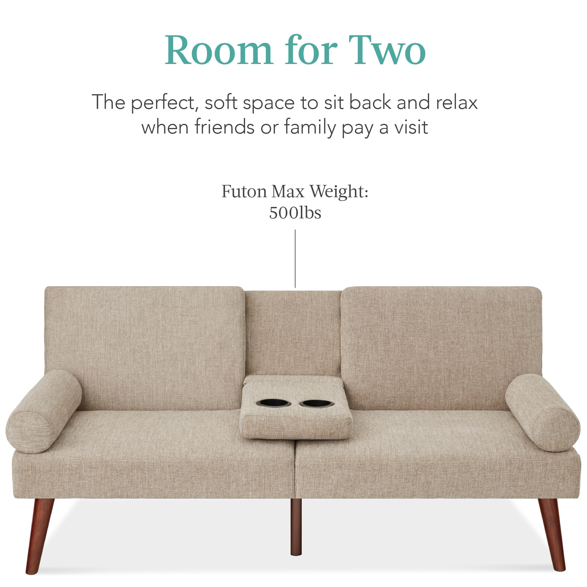 Best Choice Products Mid-Century Modern Upholstered Futon, Convertible Folding Sofa Bed, Small Couch w/Rounded Armrests, 2 Cupholders - Sand