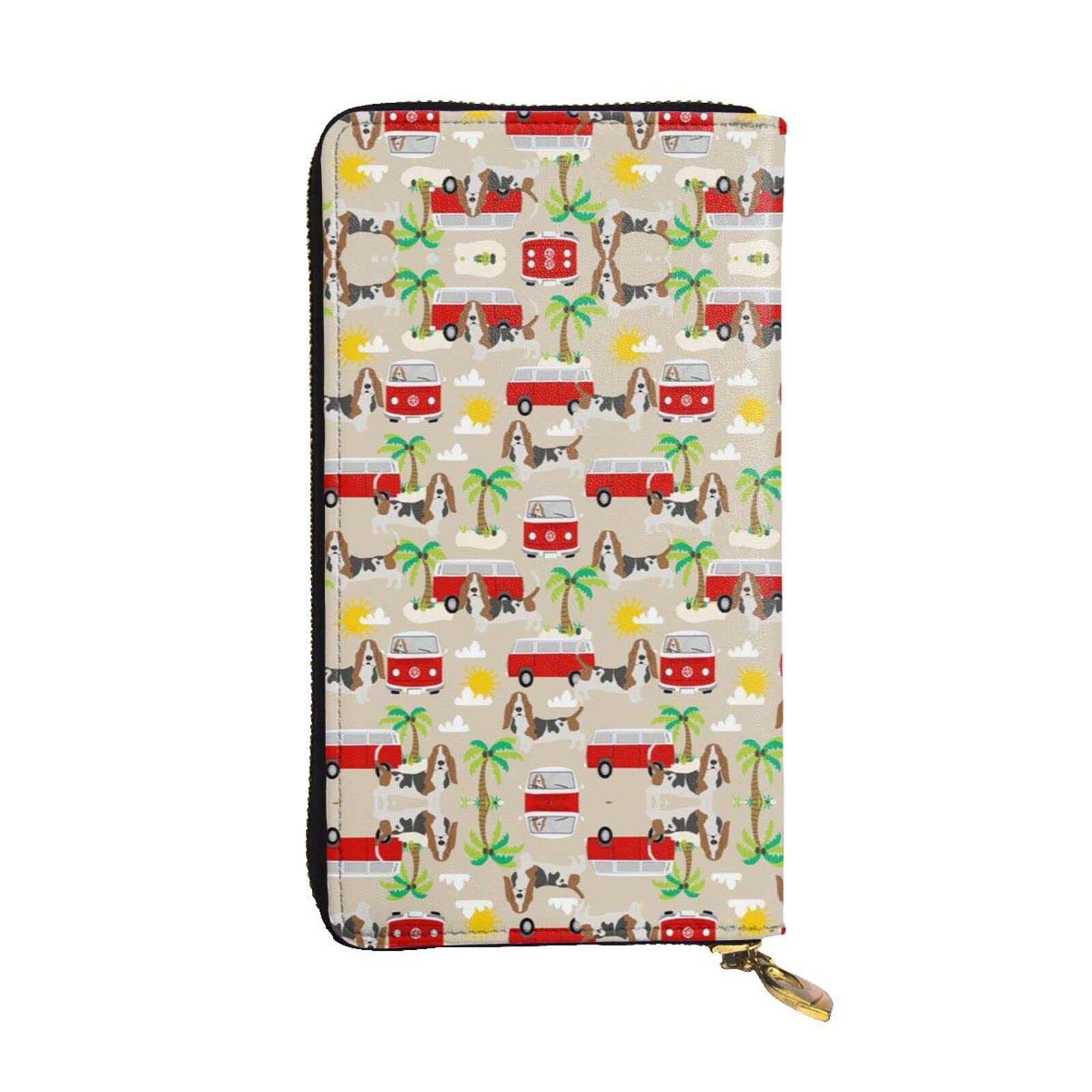 Basset Hound Dog Summer Bus Palm Trees Women'S Leather Long Clutch Wallet :>> 7.48x4.13 Inch Comfortable, Lightweight, Waterproof, Durable.
