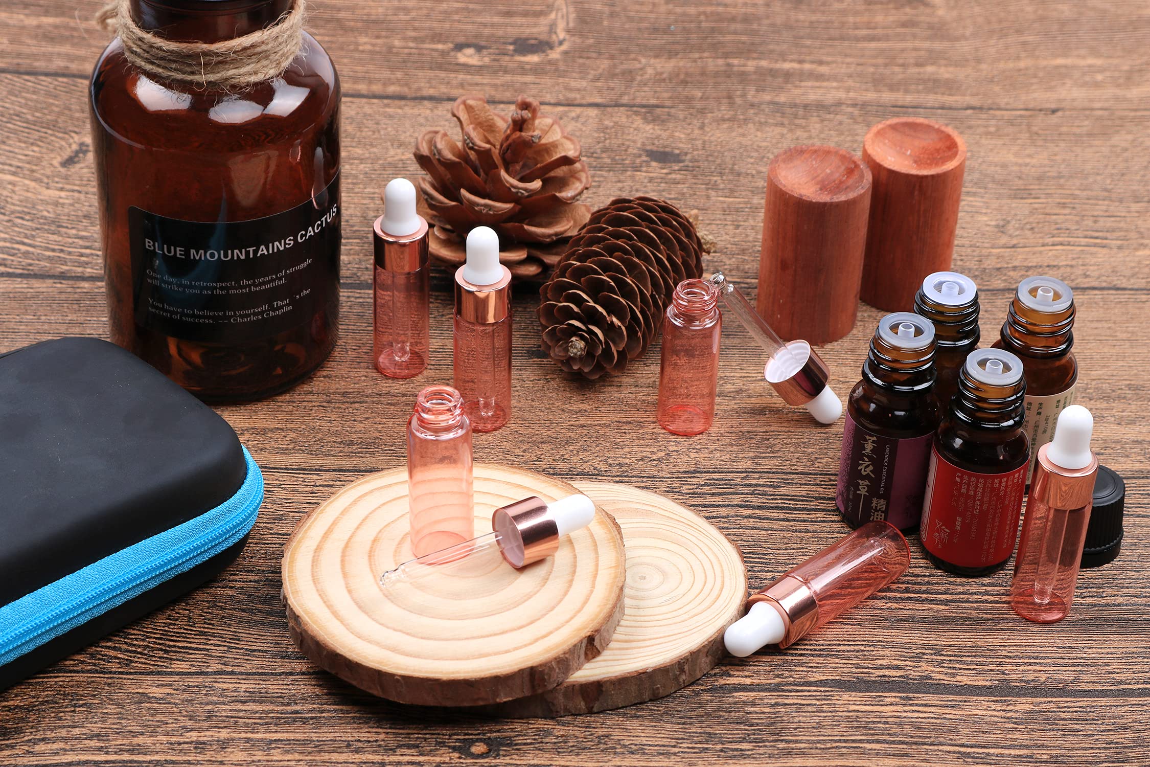 Furnido 35 Pack,1/6 oz(5ml) Pink Essential Oils Dropper Bottle,Empty Glass Sample Vials with Glass Tube,Rose-Golden Caps For Travel,Perfume Aromatherapy Liquid Container-Dropper&Funnel Included