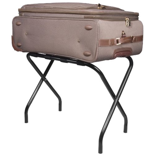 King's Brand Furniture-Black Metal Foldable Luggage Rack Stand with Nylon Belts