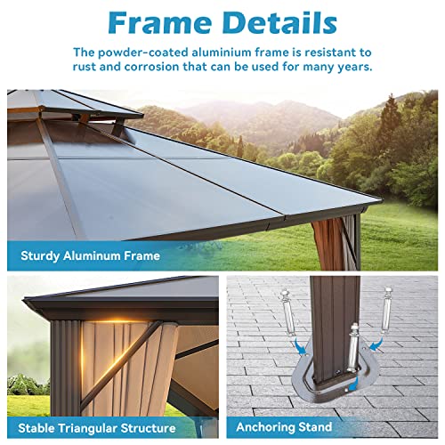 GAZEBEST 10' X 13' Permanent Hardtop Gazebo, Outdoor Polycarbonate Double Roof Pavilion Pergola Canopy with Aluminum Frame and Privacy Curtains for Patio, Garden, Backyard, Lawn
