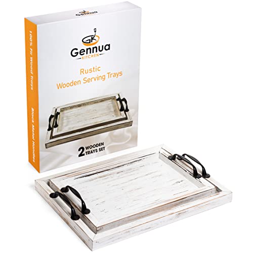 Gennua Kitchen Rustic Wooden Serving Tray Set with Metal Handles | 2 Nesting Decorative Trays for Coffee Table, Ottoman, Countertop & More with Distressed White Finish to Complement Any Decor