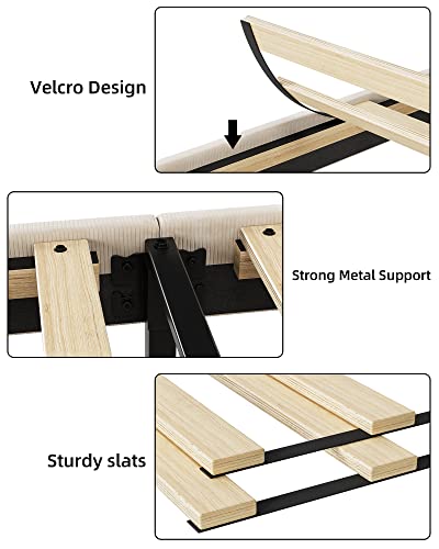 Homhougo Queen Bed Frame, Upholstered Platform Bed with Wingback Headboard, Velvet Upholstered Bed Frame with 2 Storage Pockets, Strong Wooden Slat Support, Easy Assembly, Box Spring Optional, Beige