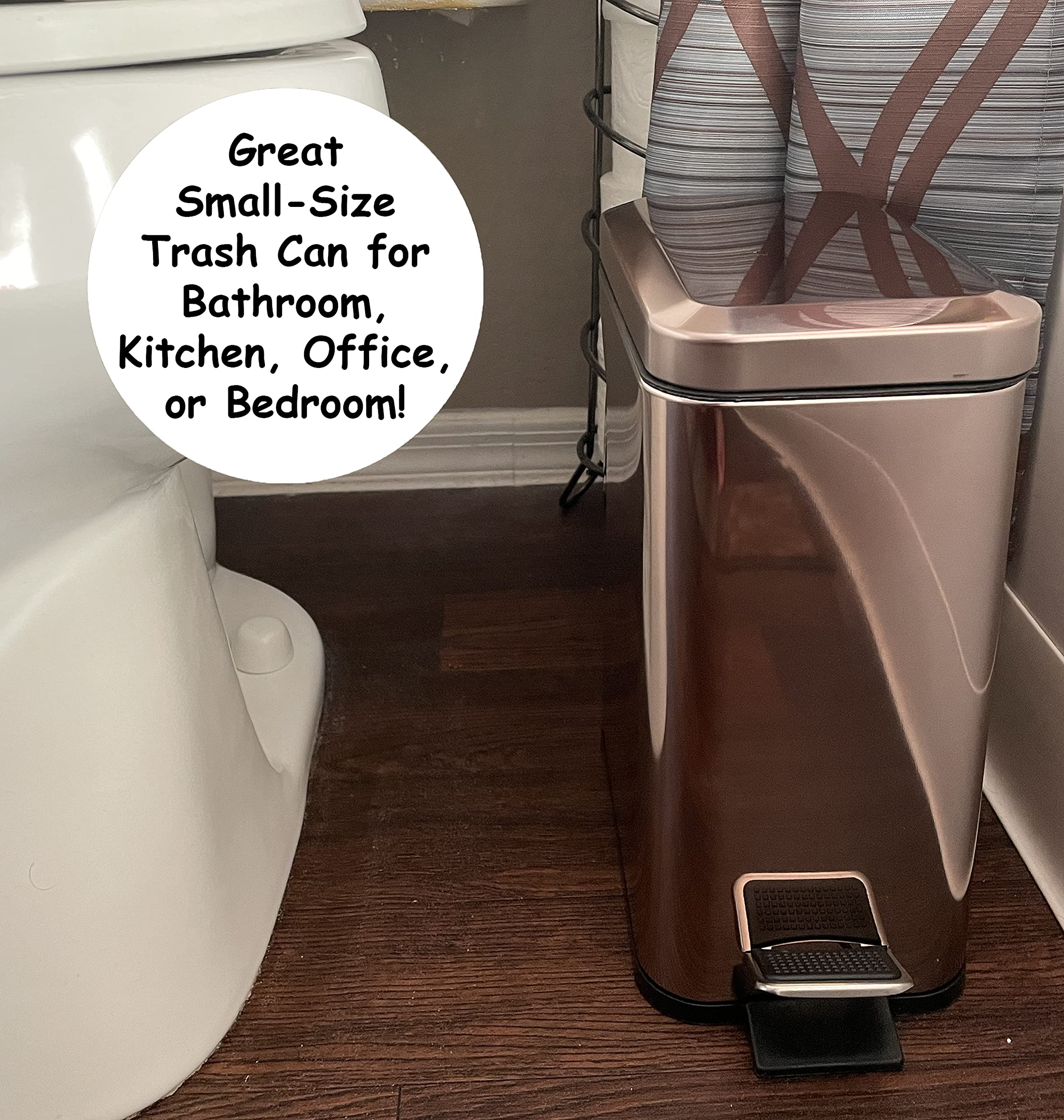 Homie Soft Close, Slim Trash Can 1.6 Gallon with Anti - Bag Slip Liner and Lid, Use as Mini Garbage Basket, Slim Dust Bin, or Decor in Bathroom, Restroom, Kitchen, or Bedroom (Rose Gold)