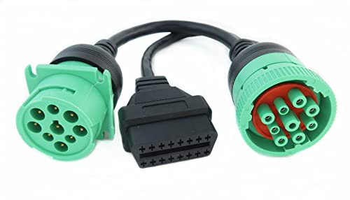 ARTECKIN Green Type 2 J1939 9pin Female to OBD2 and to J1939 Male Splitter Y Cable for Truck Freightliner GPS ELD Tracker