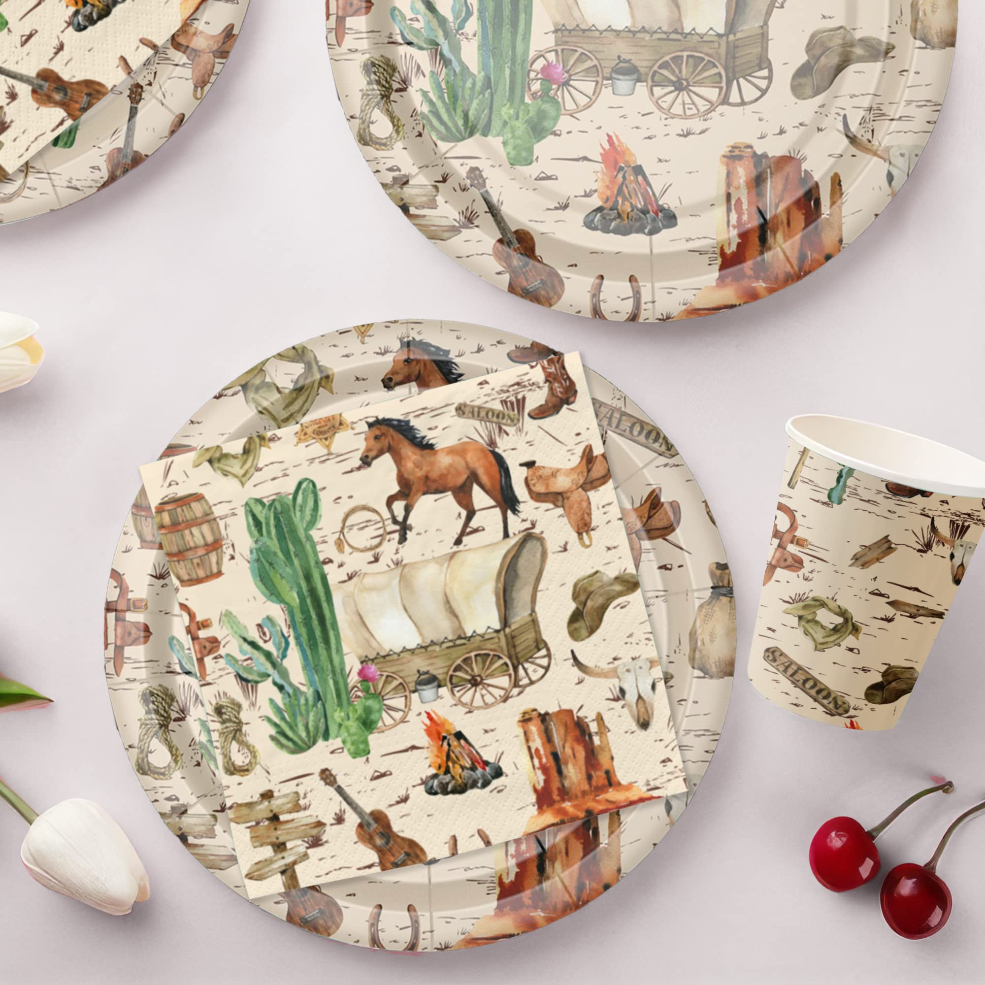 HIPVVILD Western Cowboy Party Decorations Tableware For Birthday & Baby Shower - Wild West Party Supplies, Plate, Cup, Napkin, Tablecloth, Cutlery, Straw, Rodeo Party Decorations Dinnerware | Serve 24