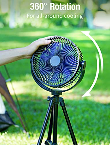 Koonie Standing Fan, 10000mAh Portable Rechargeable 8'' Battery Powered Pedestal Fan with Tent Hook 37Hours Working Time Adjustable Tripod 4 Speeds Fan for Bedroom Travel Fishing Beach Camping