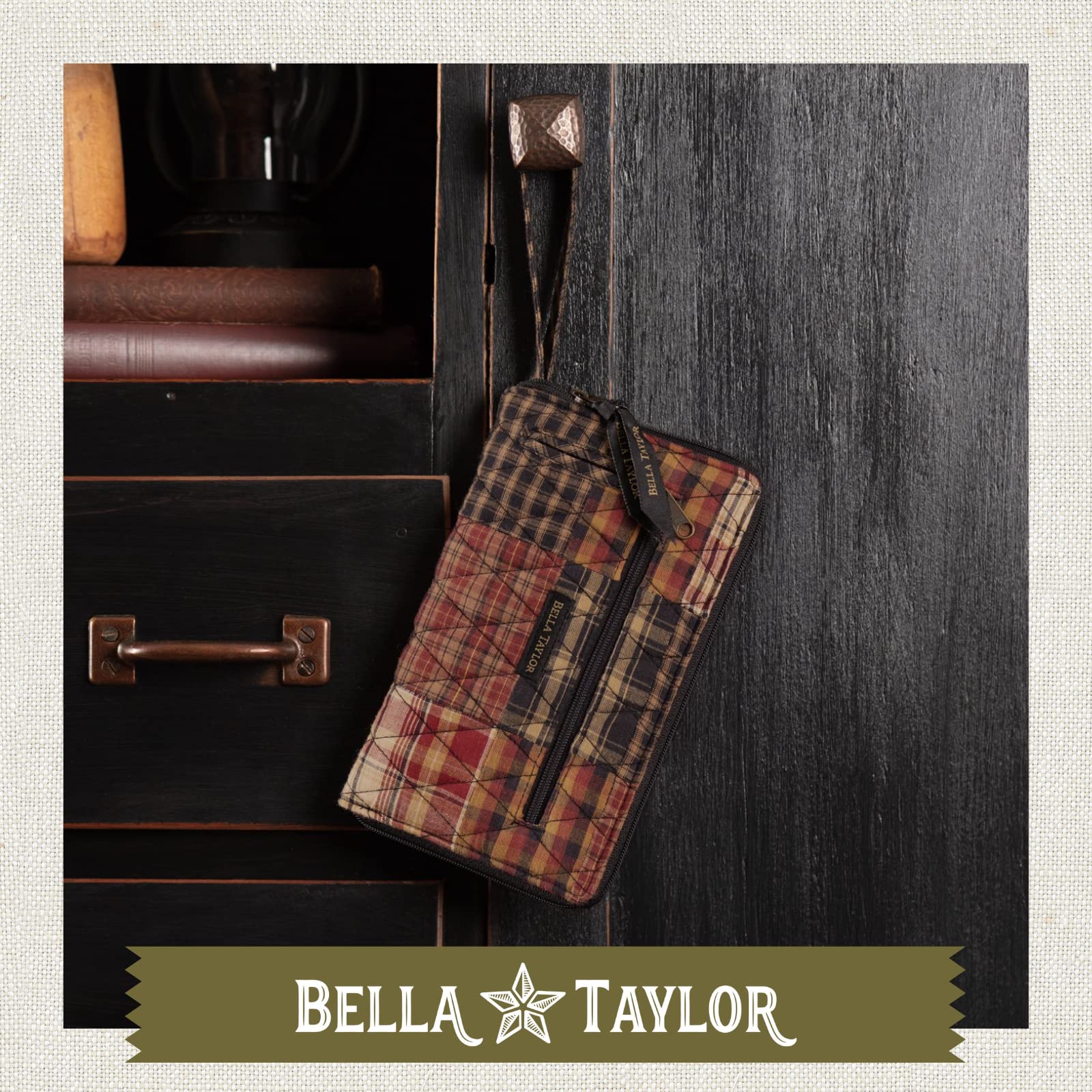 Bella Taylor Wrist Strap Wallet for Women | Multi Card Zip Around Wallet with RFID Protection and Wristlet Strap | Quilted Cotton Beckham Black and Burgundy Patchwork