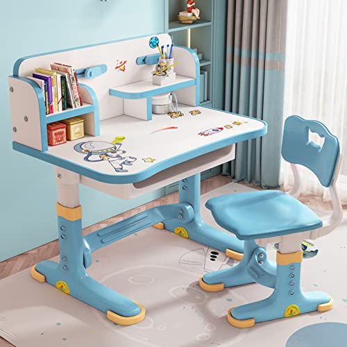 Small Desk, Standing Desk, Desk Chair Set, Widened Desktop Multi Separation Cartoon Pattern Desk Chair Set Kids Adjustable Height Study Table with Drawer Chair Set (Blue)