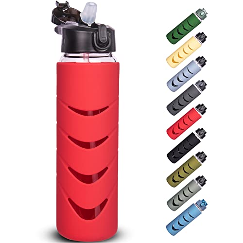 Justfwater 32 oz Borosilicate Glass Water Bottle with Straw Reusable Glass Drinking Bottle with Flip Top Lid and Silicone Sleeve (Red)