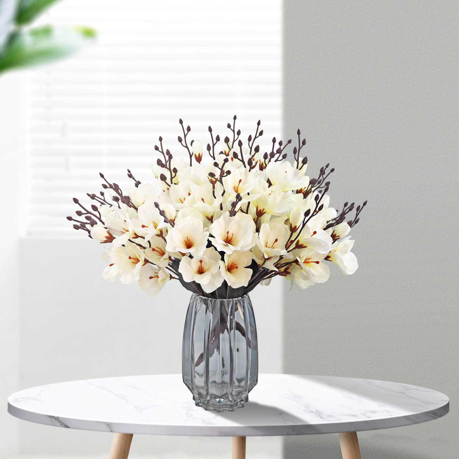 MINYULUA 6pc Artificial Magnolia Flower Silk Flowers Branches Faux Flower Bouquet for Home Wedding Decoration,Home Decor Party Garden Office (White)