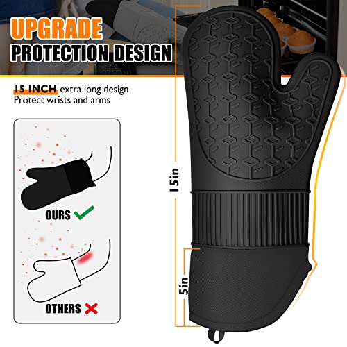 Oven Mitts and Pot Holders Kitchen: 550℉ Heat Resistant Silicone Oven Gloves with Pot Holders Set - Extra Long Quilted Oven Mitt and Large Hot Pads Set Washable Mittens for Kitchen Cooking Baking