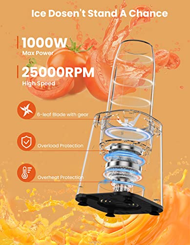 VEWIOR 20 Pieces Smoothie Blender for Shakes and Smoothies, 1000W Blenders for Kitchen, Protein Drinks, Bullet Personal Blender with 2 * 22Oz Smoothie Cups with Lids