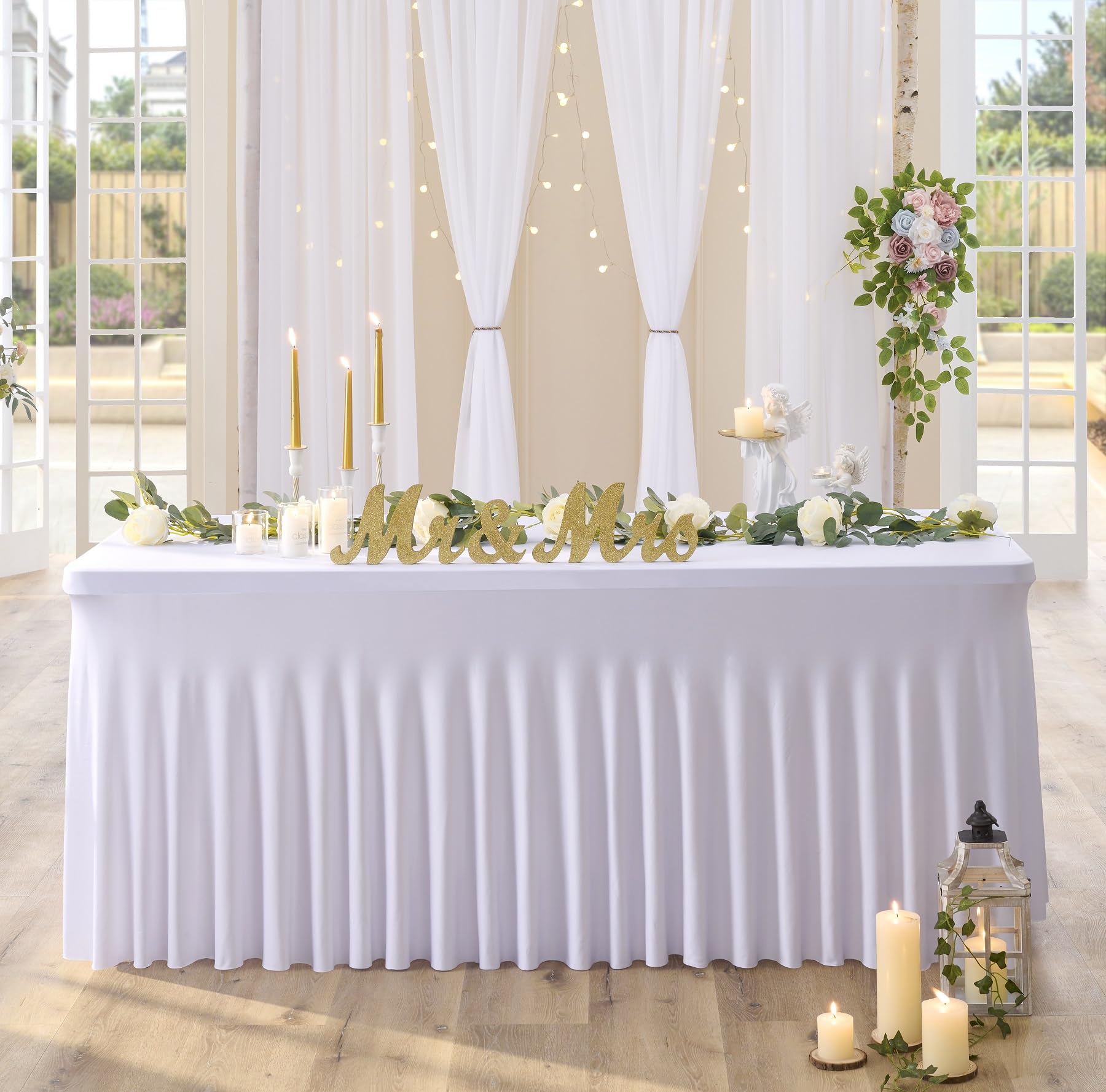 Outpain White Spandex Table Clothes for 8 Foot Rectangle Tables-6Pack 8FT Spandex Fitted Table Cover, Wrinkle Free Tablecloths with Skirt for Parties, Wedding, Birthday, Banquet, Festival