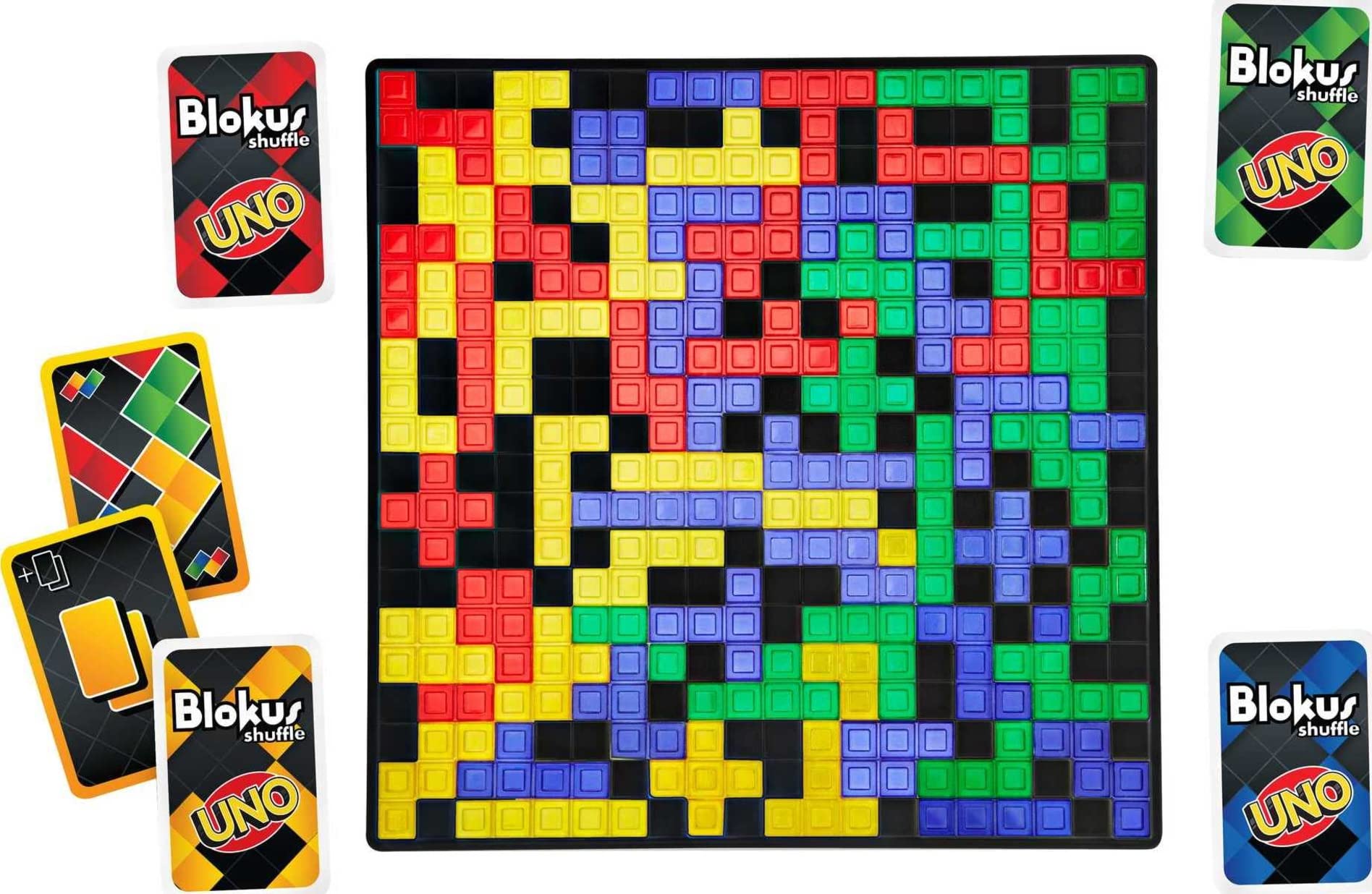 Mattel Games Blokus Shuffle UNO Edition Strategy Board Game, Family Game with Colorful Pieces and UNO-Themed Action Cards