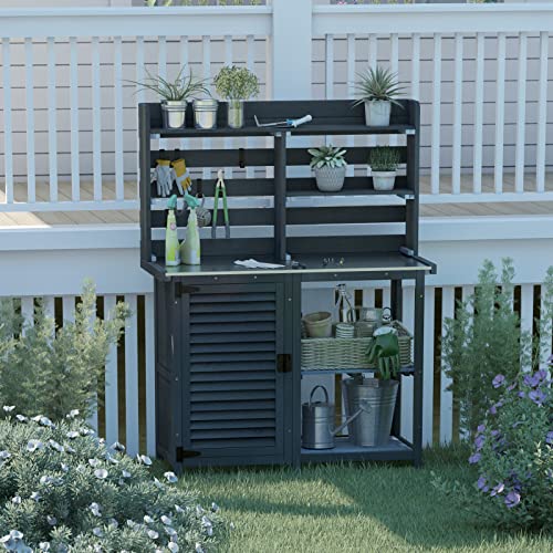 GDLF Potting Bench Table Large Garden Outdoor Work Bench Metal Tabletop Workstation with Storage Cabinet Shelf Dark Grey