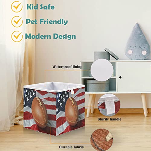 visesunny Closet Baskets Football Usa Flag Storage Bins Fabric Baskets for Organizing Shelves Foldable Storage Cube Bins for Clothes, Toys, Baby Toiletry, Office Supply
