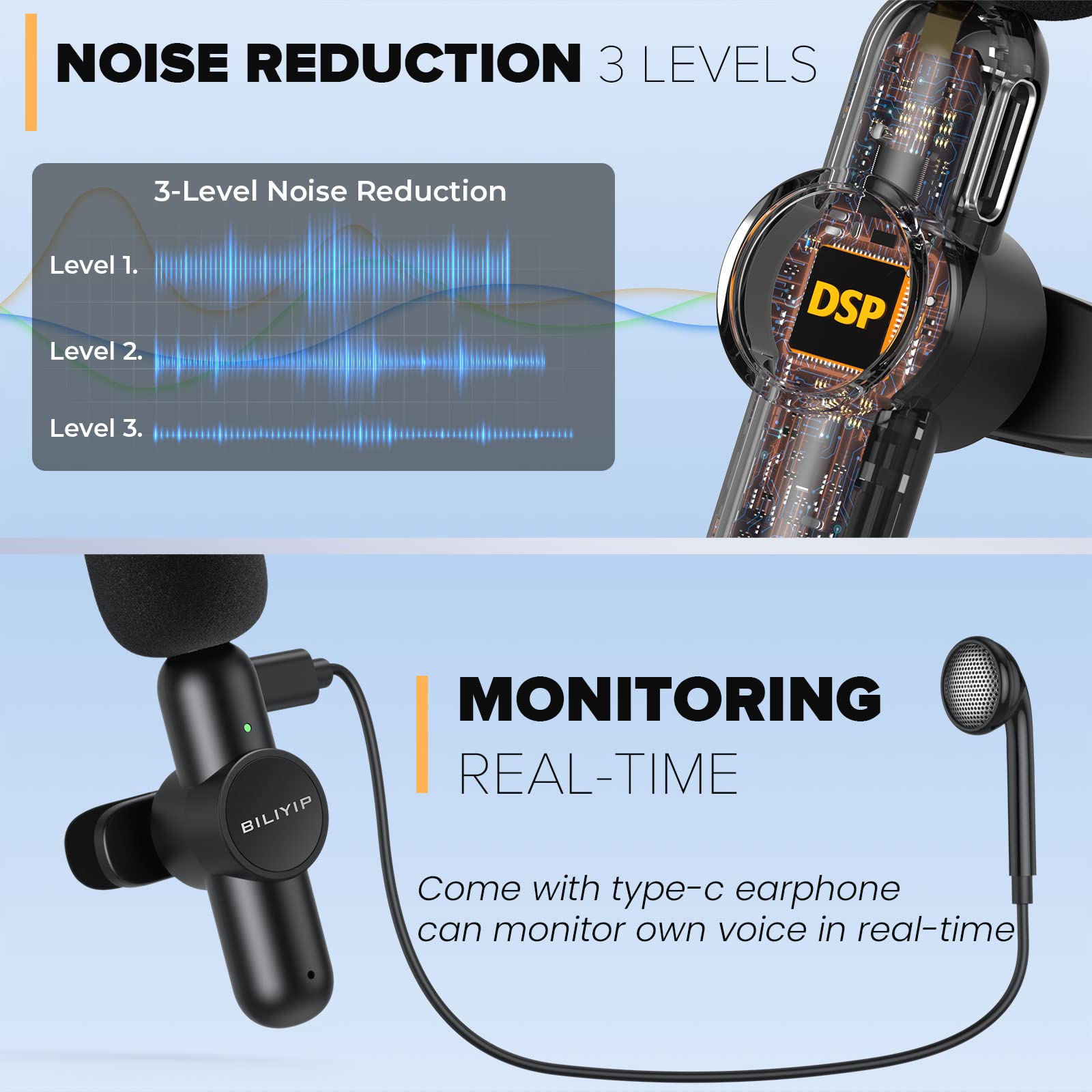 BILIYIP Wireless Lavalier Microphone for iPhone/iPad, Plug-Play Auto-Sync Omni Condenser Mic, 3-Levels Noise Reduction, Compatible with YouTube/TikTok, 5-6H Battery Life, 65ft Distance