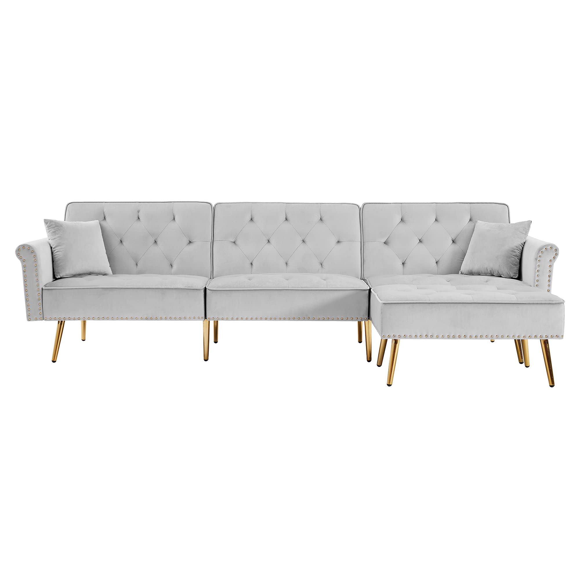 Hommoo 110β Modern Reversible Sectional Couch for Living Room Velvet L Shaped Couch with Removable Ottoman Nailhead Trim 3 Seater Sofa with Metal Gold Legs Light Gray