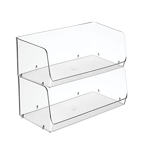 mDesign Large Stackable Plastic Food Storage Organizer Bin with Open Front - Perfect for Refrigerator, Freezer, Cupboard, Cabinet, and Pantry Organization - 15" Wide - Ligne Collection - 2 Pack, Clear