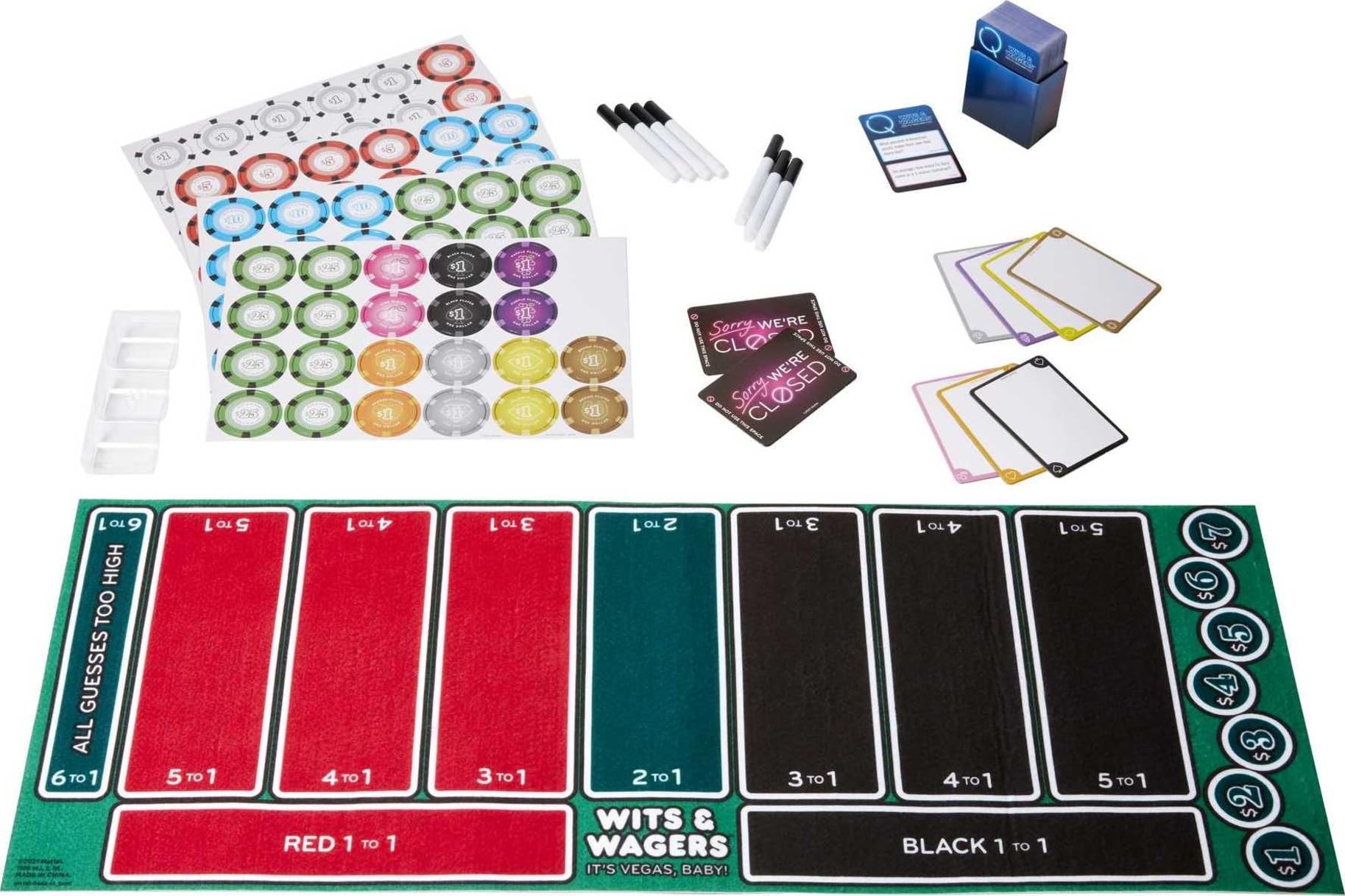Mattel Games Wits & Wagers Board Game Vegas Edition, Party Game with Dry Erase Boards, Markers & Poker Chips for 5+ Players