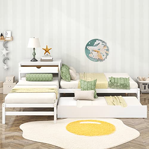 L-Shaped 2 Beds Twin Size & Full Size with Trundle Wood Platform Beds for 3 People Corner Bed Frames with Table for Kids Teens Adults, White