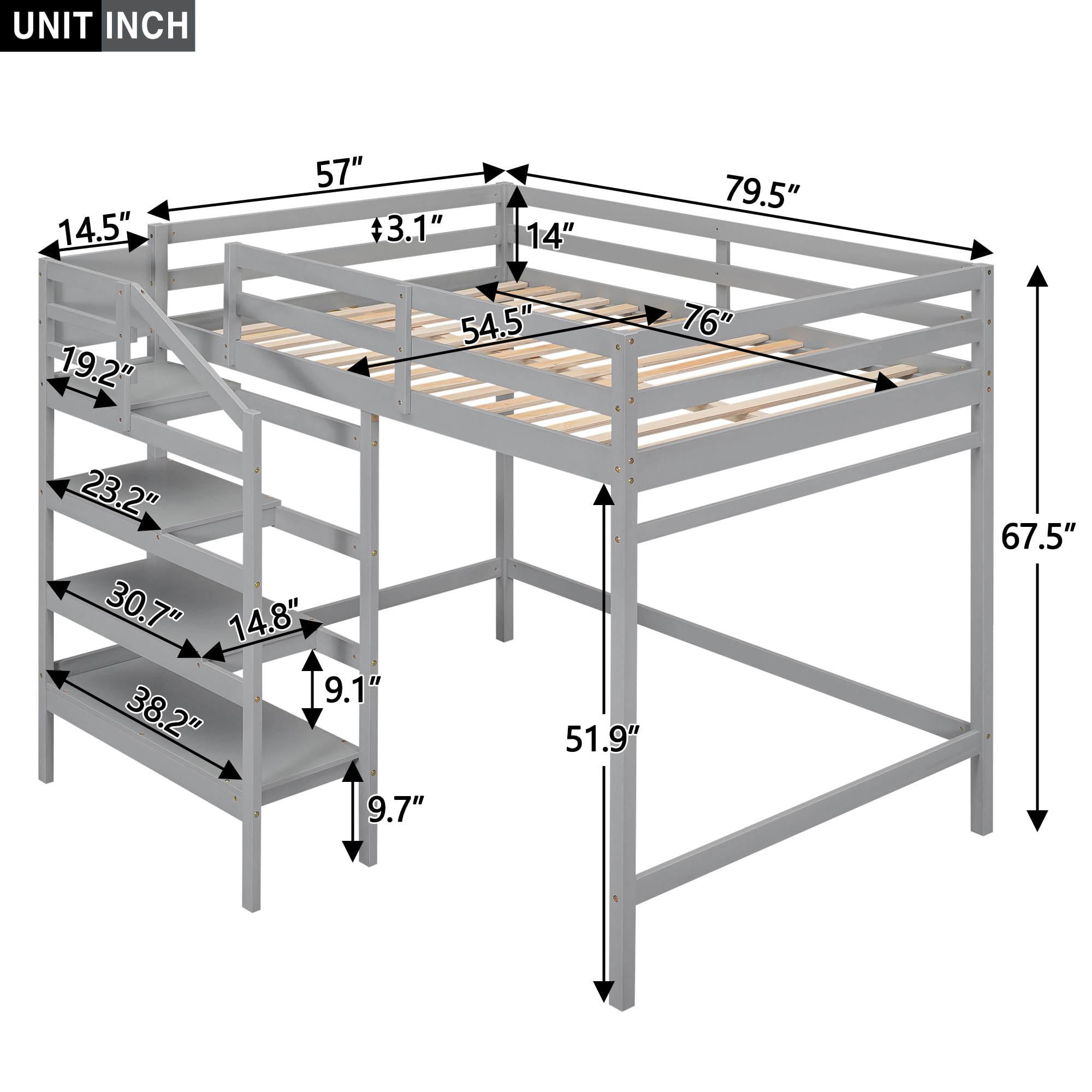 SOFTSEA Full Size Loft Bed with Hanger Wood Loft Bed with Stairs for Kids Adults