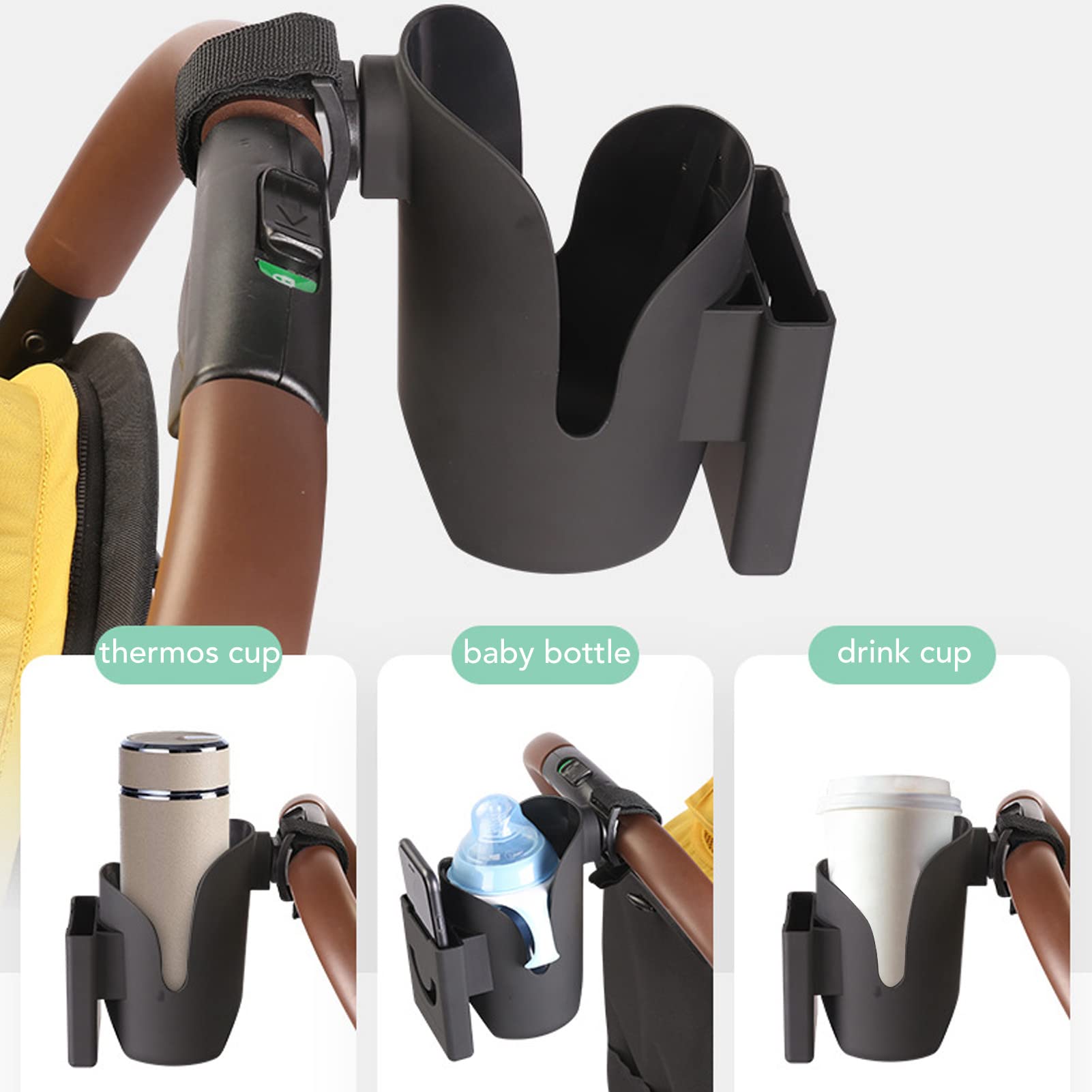 Bike Cup Holder, 2-in-1 Universal Stroller Cup Holder Plastic Adjustable Baby Carriage Bottle Holder with Phone Slot for Stroller, Bike, Wheelchair, Walker, Scooter, Black