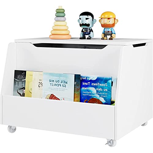 URKNO Kids Toy Box, Wooden Toy Storage Chest with Safety Hinges Lid for Girls Boys, Toy Storage Organizer Bench with Bookshelf for Toddler Room, Nursery, Bedroom, Playroom, Living Room, White