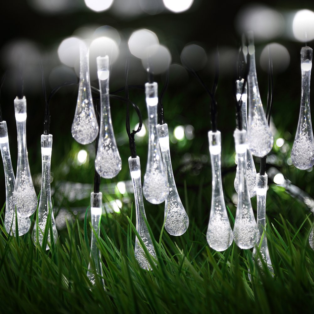 GDEALER Solar Outdoor String Lights 20ft 30 LED White Water Drop Solar String Fairy Waterproof Lights Christmas Lights Solar Powered String Lights for Garden, Patio, Yard, Home Parties (1)
