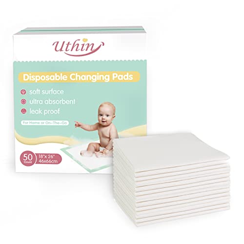 UTHIN Disposable Changing Pads(50 Pack),Baby Disposable Underpad,Waterproof & Absorbent Diaper Changing Pad,Breathable Underpads,Bed Table Protector Mat,18 Inches x 26 Inches