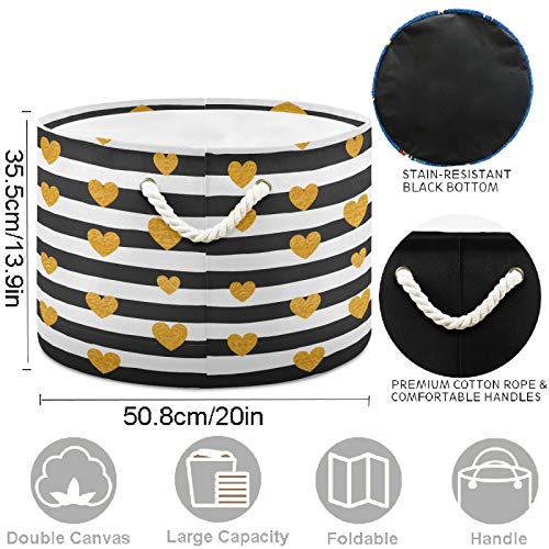 visesunny Collapsible Large Capacity Basket Gold Heart Black White Striped Clothes Toy Storage Hamper with Durable Cotton Handles Home Organizer Solution for Bathroom, Bedroom, Nursery, Laundry,Closet