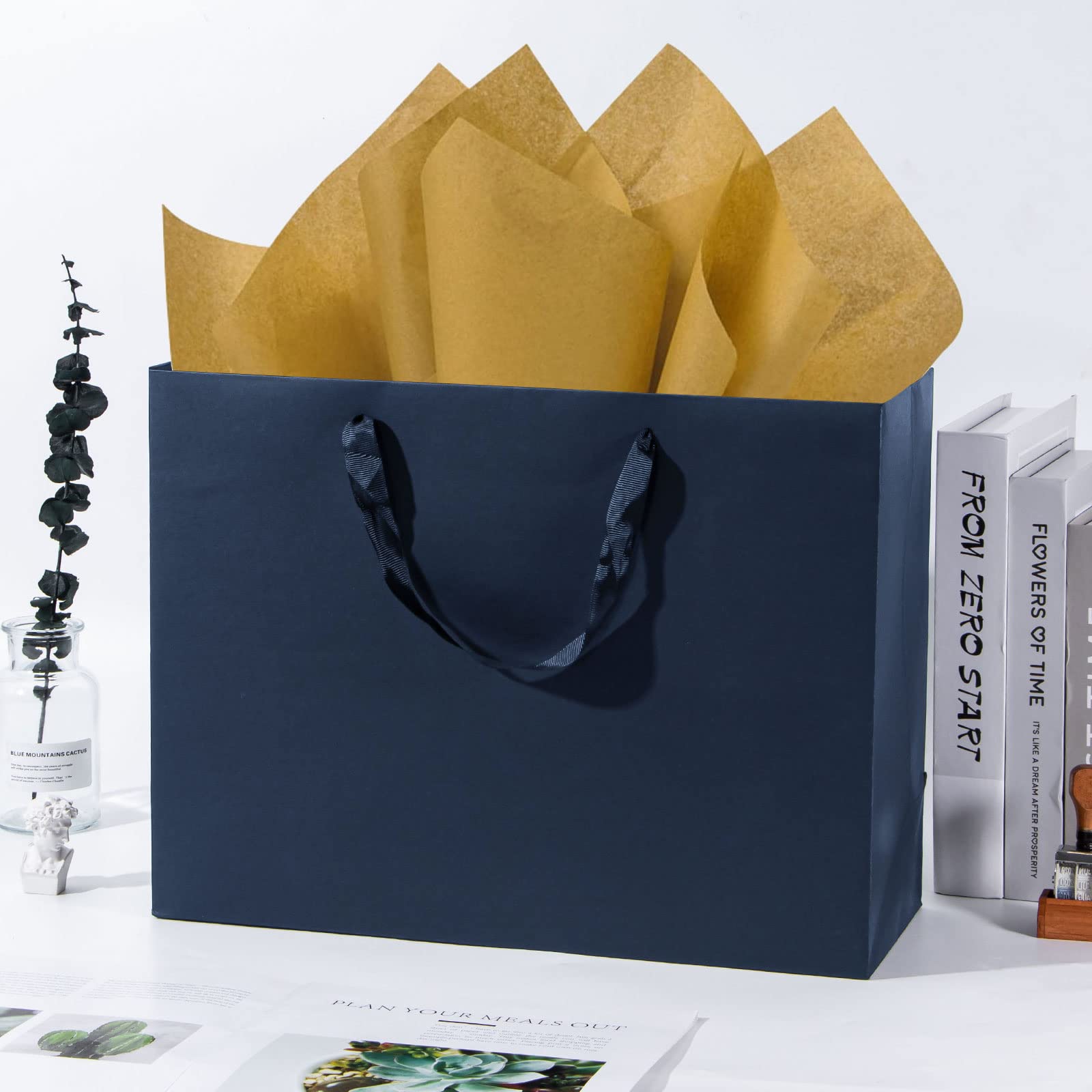 Katfort Large Navy Blue Gift Bag with Handles 12 Pack, 16''×6''×12'' Extra Large Gift Bag with Ribbon Handles, Reusable Heavy Duty Kraft Paper Bags Bulk for Shopping, Wedding, Party, Gift, Retail