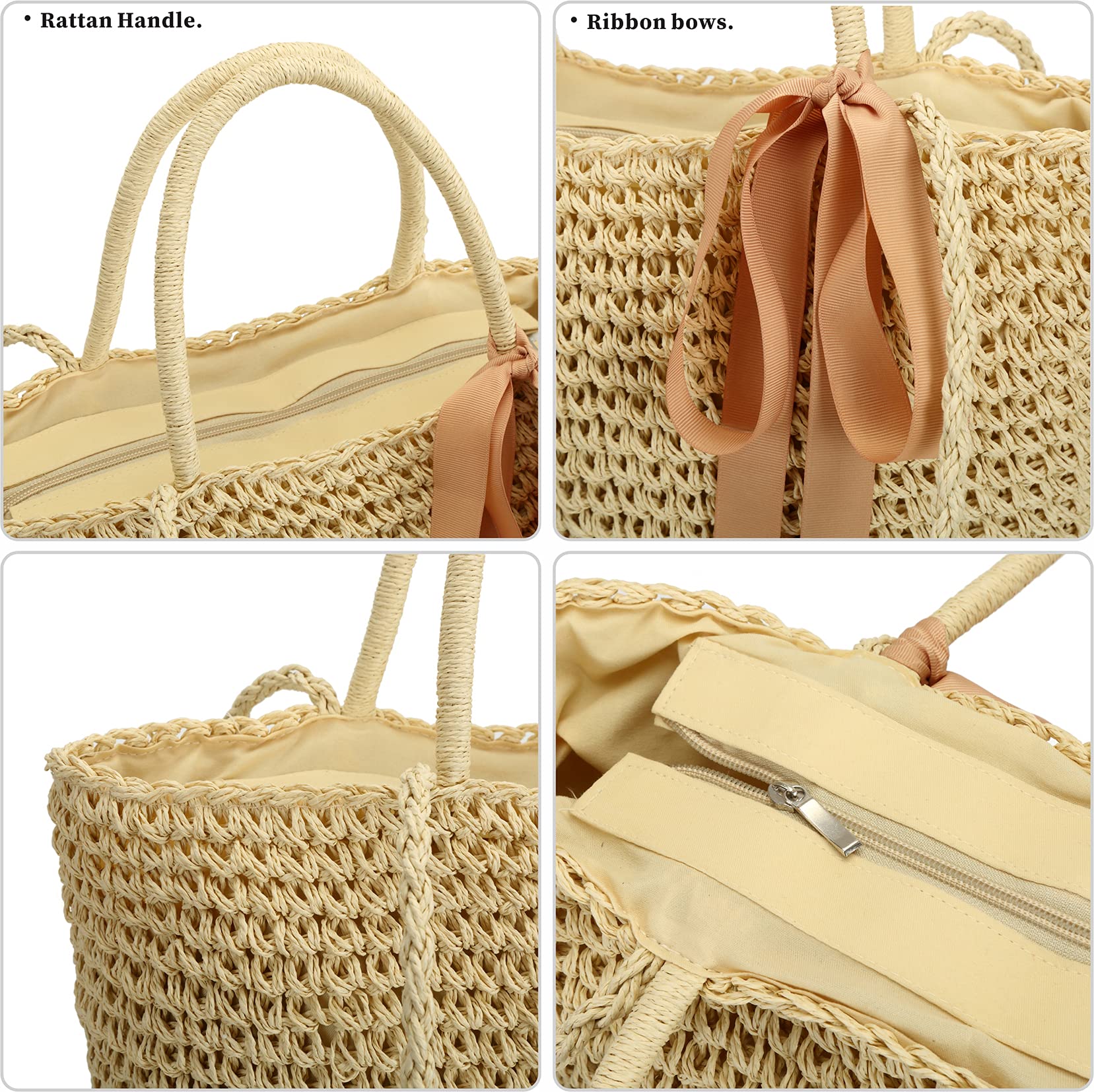 So'each Women's Handbag Color Matching Bow Wicker Woven Rattan Straw Tote Shoulder Bag Beige